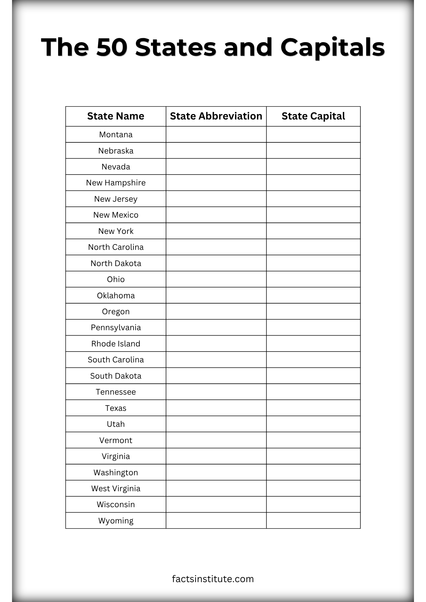Printable US State Capitals List (Worksheet Included) - The Facts Institute